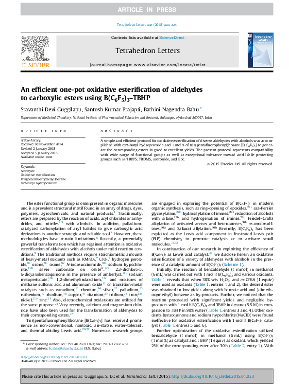 (PDF) An efficient one-pot oxidative esterification of aldehydes to carboxylic esters using B ...