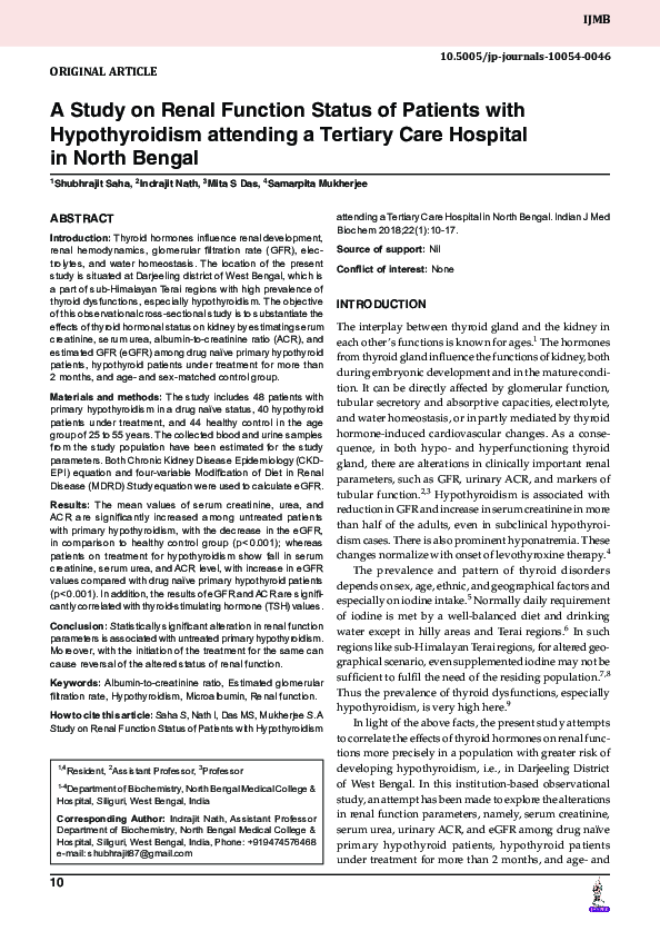 (PDF) A Study on Renal Function Status of Patients with Hypothyroidism ...