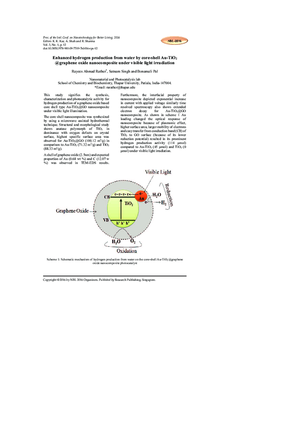 Pdf Enhanced Hydrogen Production From Water By Core Shell Au Tio2 Graphene Oxide