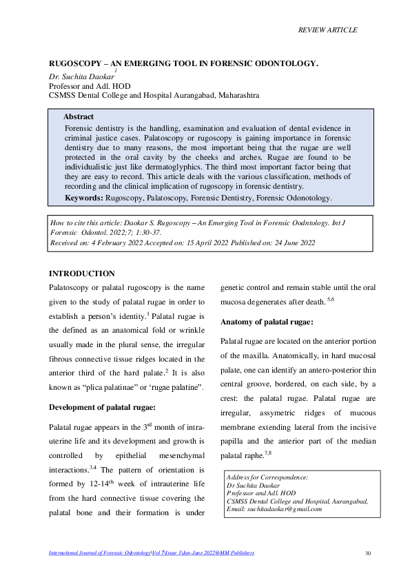 (PDF) Rugoscopy – an Emerging Tool in Forensic Odontology