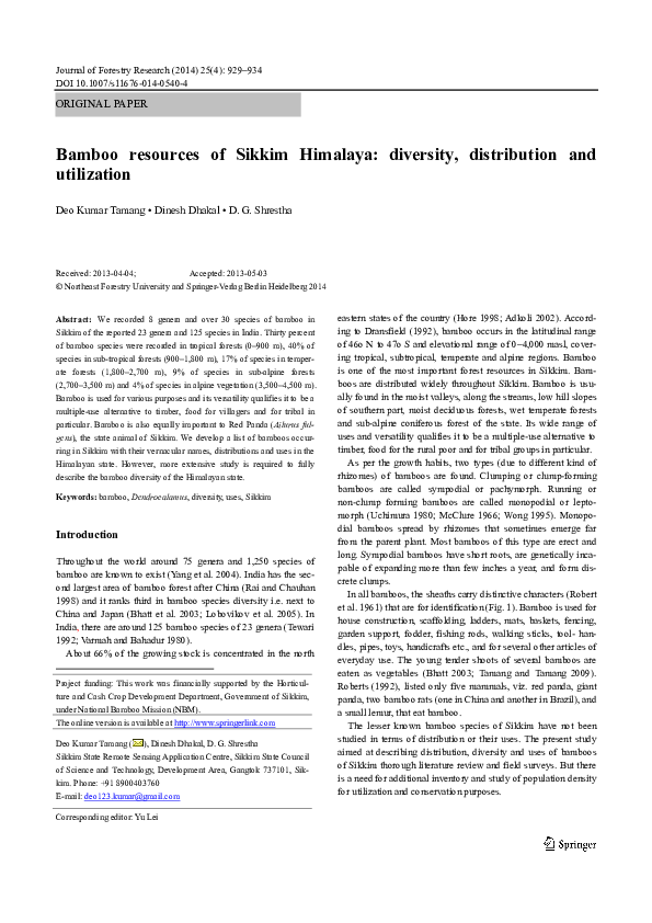 (PDF) Bamboo resources of Sikkim Himalaya: diversity, distribution and ...