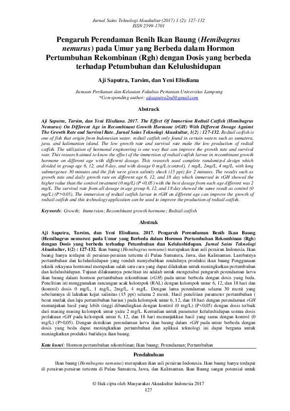 (PDF) Pengaruh Perendaman Benih Ikan Baung (Hemibagrus nemurus) pada ...