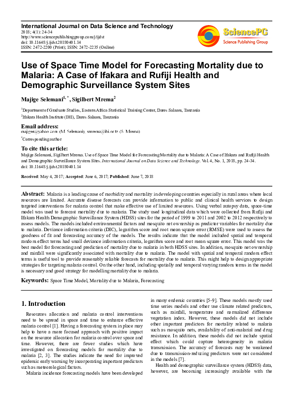 (PDF) Use of Space Time Model for Forecasting Mortality due to Malaria: A Case of Ifakara and ...