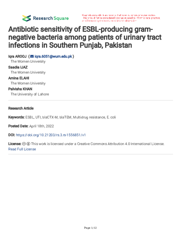 (PDF) Antibiotic sensitivity of ESBL-producing gram-negative bacteria among patients of urinary ...