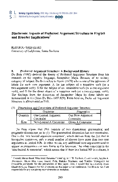 (PDF) Diachronic Aspects of Preferred Argument Structure in English and ...