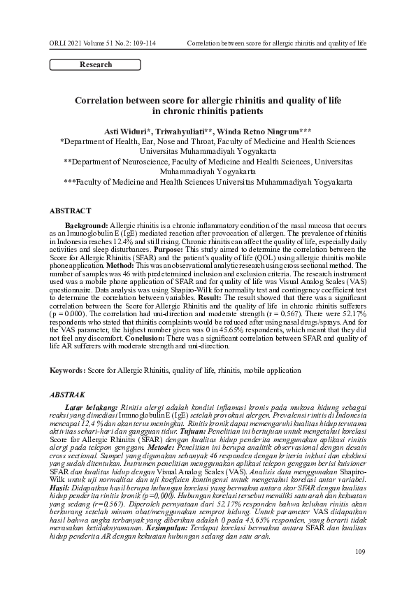 (PDF) Correlation between score for allergic rhinitis and quality of ...