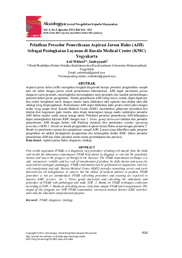 (PDF) Pelatihan Prosedur Pemeriksaan Aspirasi Jarum Halus (AJH) Sebagai Peningkatan Layanan di ...