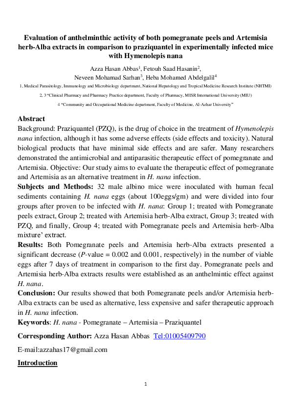 (PDF) Evaluation of anthelminthic activity of both pomegranate peels ...