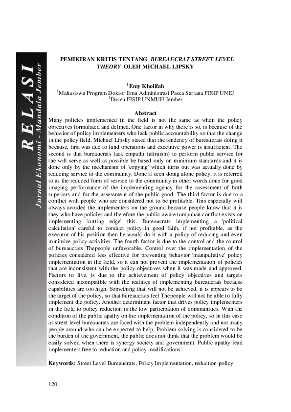 (PDF) Pemikiran Kritis Tentang Bureaucrat Street Level Theory Oleh ...