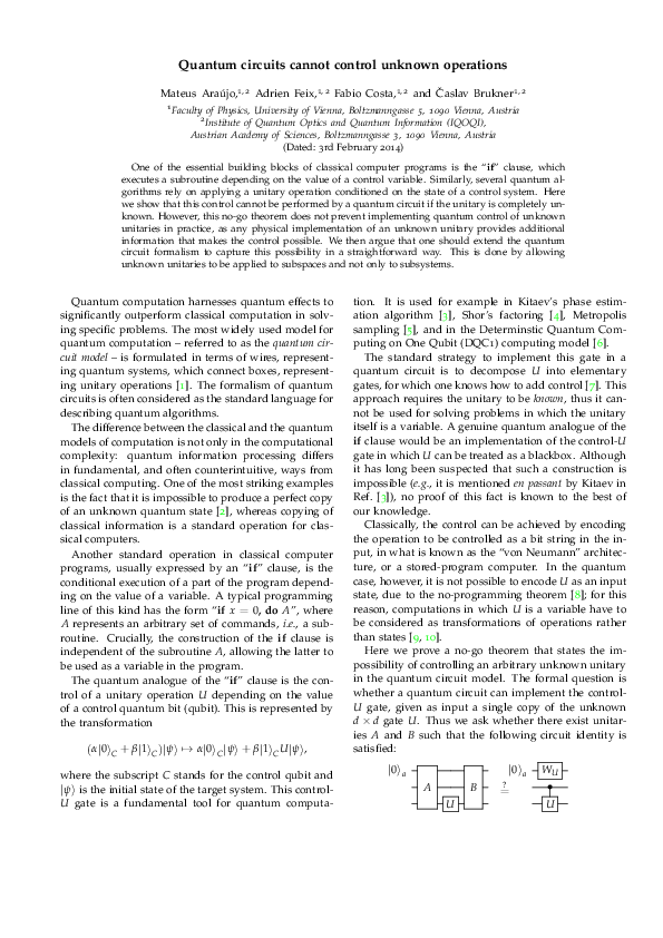 Pdf Quantum Circuits Cannot Control Unknown Operations