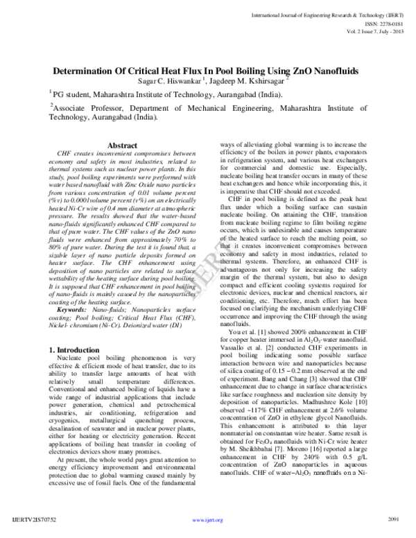(PDF) Determination Of Critical Heat Flux In Pool Boiling Using ZnO Nanofluids