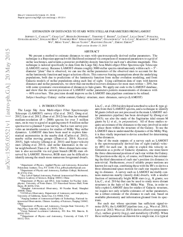 (PDF) Estimation of Distances to Stars with Stellar Parameters from Lamost | haotong zhang ...