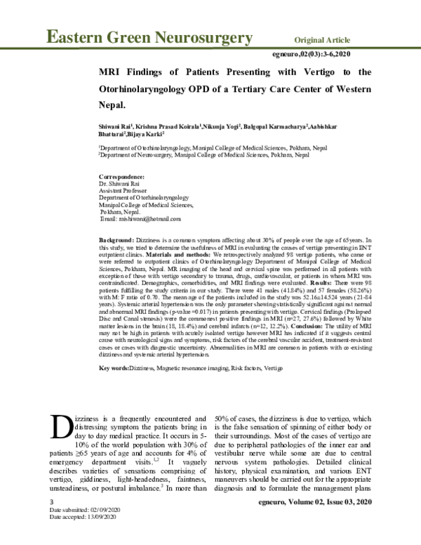 (PDF) MRI Findings of Patients Presenting with Vertigo to the ...