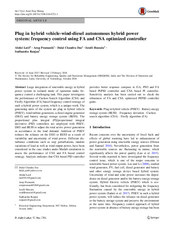 Pdf Hybrid Power Frequency Control Via Csa And Fa