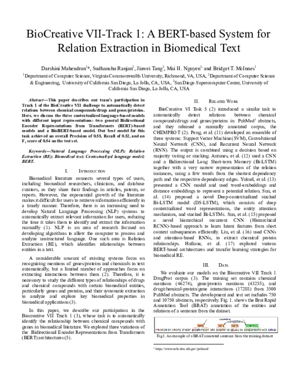 (PDF) BioCreative VII-Track 1: A BERT-based System for Relation Extraction in Biomedical Text