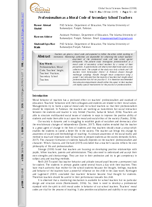 (PDF) Professionalism as a Moral Code of Secondary School Teachers