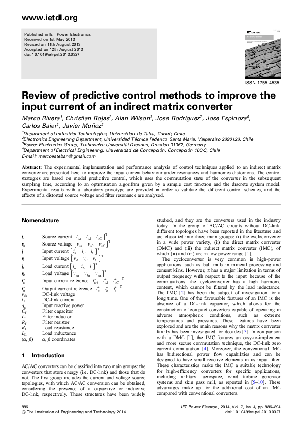 Pdf Review Of Predictive Control Methods To Improve The Input Current Of An Indirect Matrix