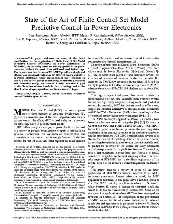 Pdf State Of The Art Of Finite Control Set Model Predictive Control In Power Electronics
