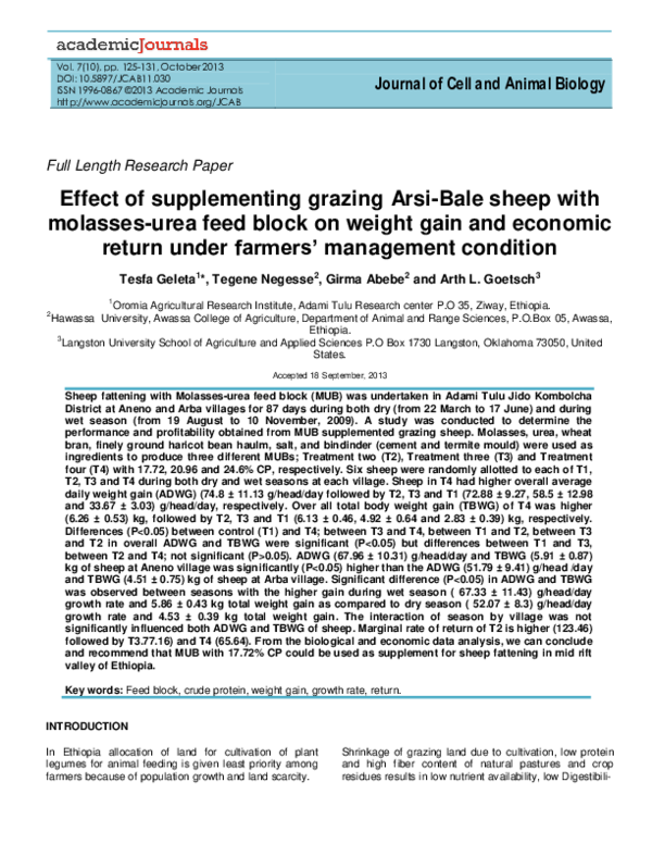 (PDF) Effect of supplementing grazing Arsi-Bale sheep with molasses ...