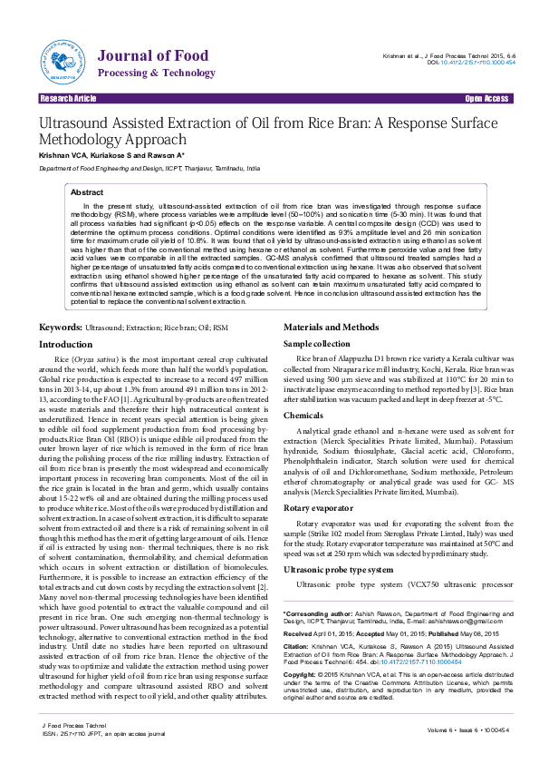 (PDF) Ultrasound Assisted Extraction of Oil from Rice Bran: A Response Surface Methodology Approach