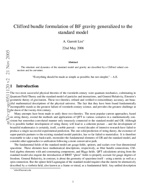 (PDF) bundle formulation of BF gravity generalized to the standard model,” gr-qc/0511120