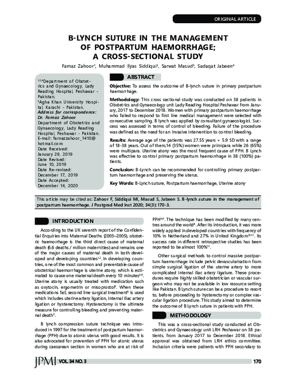 (PDF) B-Lynch Suture in the Management of Postpartum Haemorrhage; a ...