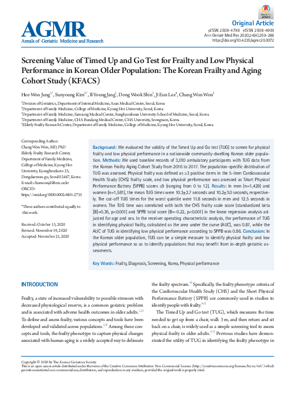 (PDF) Screening Value of Timed Up and Go Test for Frailty and Low ...