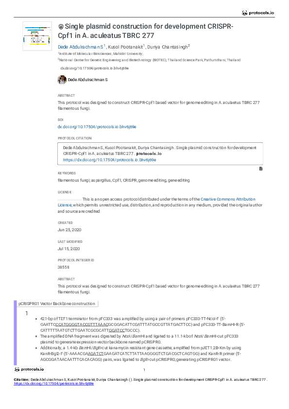 (PDF) Single plasmid construction for development CRISPR-Cpf1 in A ...