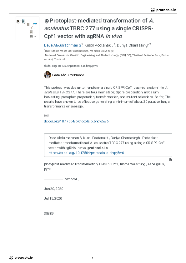 (PDF) Protoplast-mediated transformation of A. aculeatus TBRC 277 using ...