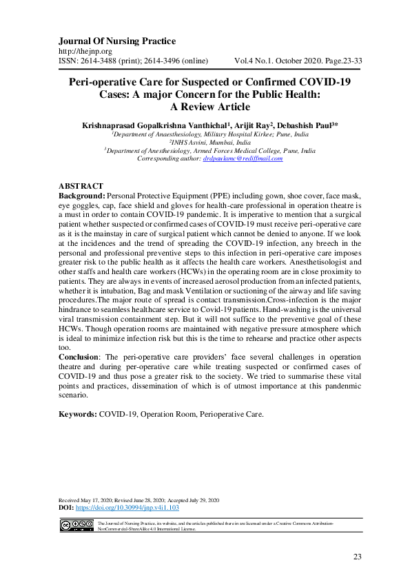 (PDF) Peri-operative Care for Suspected or Confirmed COVID-19 Cases: A ...