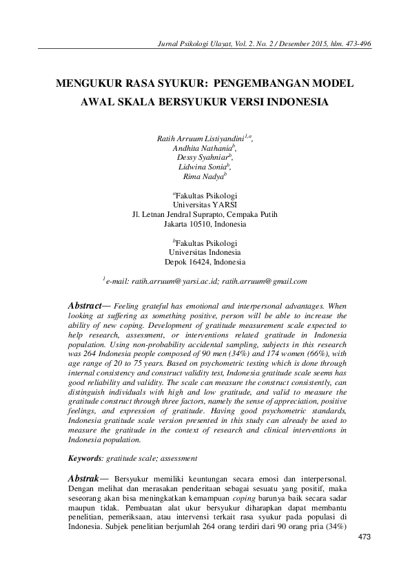 (PDF) Mengukur Rasa Syukur: Pengembangan Model Awal Skala Bersyukur ...