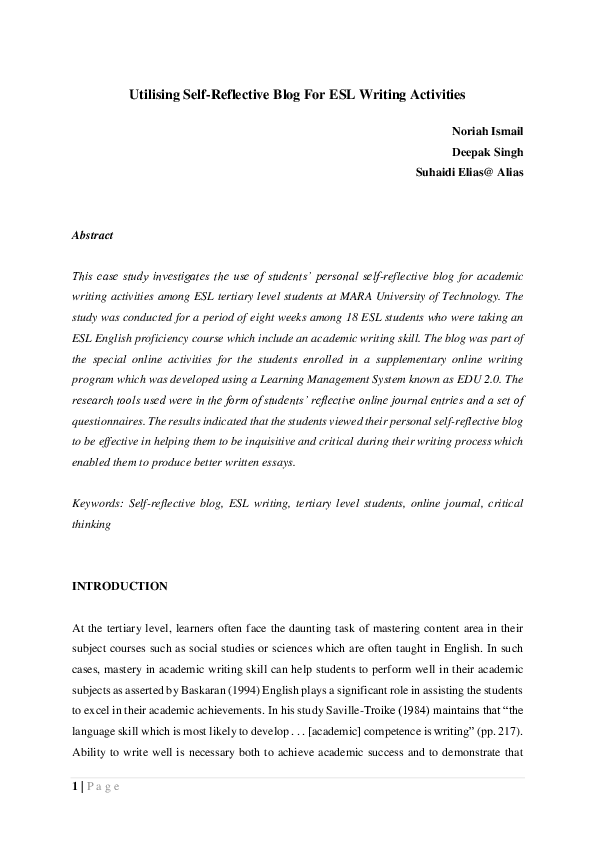 (PDF) Utilising Self-Reflective Blog For ESL Writing Activities