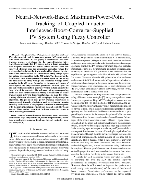 Pdf Neural Network Based Maximum Power Point Tracking Of Coupled Inductor Interleaved Boost