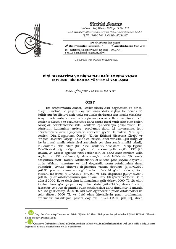 (PDF) Dini Dogmatizm ve Dindarlık Bağlamında Yaşam Doyumu: Bir Karma ...