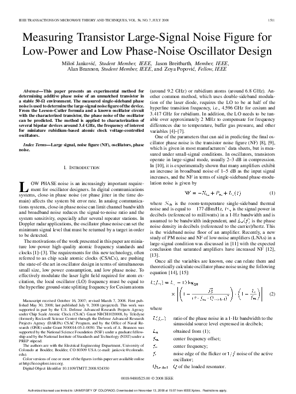 (PDF) Measuring Transistor Large-Signal Noise Figure for Low-Power and Low Phase-Noise ...