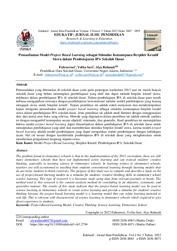 (PDF) Pemanfaatan Model Project Based Learning sebagai Stimulus Kemampuan Berpikir Kreatif Siswa ...