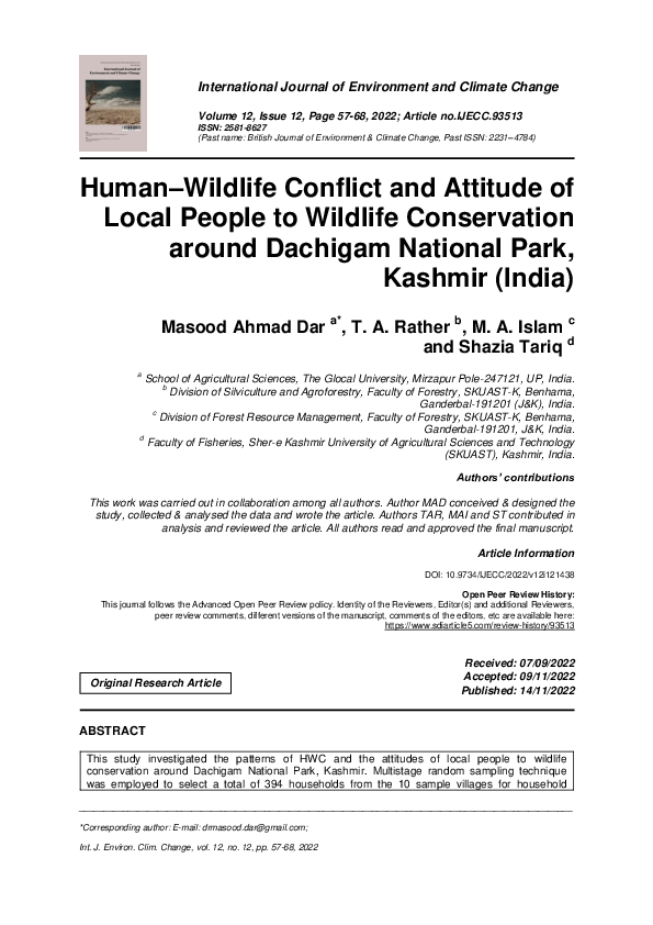 (PDF) Human-Wildlife Conflict and Attitude of Local People to Wildlife ...