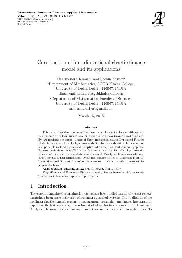 (PDF) Construction of four dimensional chaotic finance model and its applications