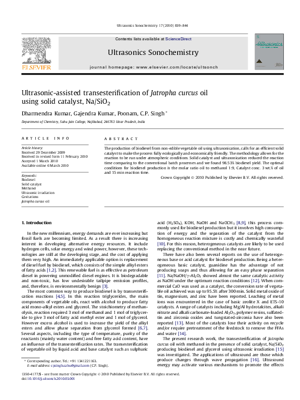 (PDF) Ultrasonic-assisted transesterification of Jatropha curcus oil ...