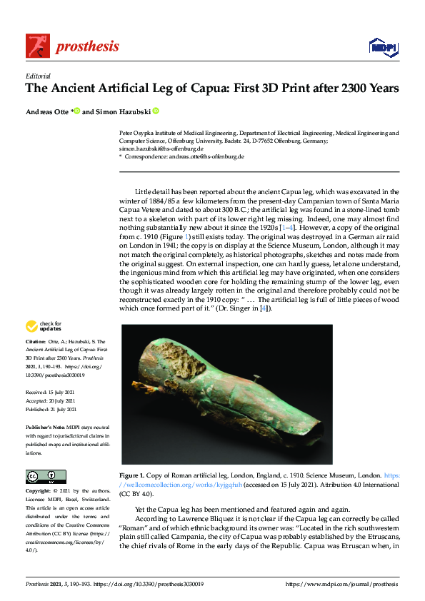 (PDF) The Ancient Artificial Leg of Capua: First 3D Print after 2300 Years