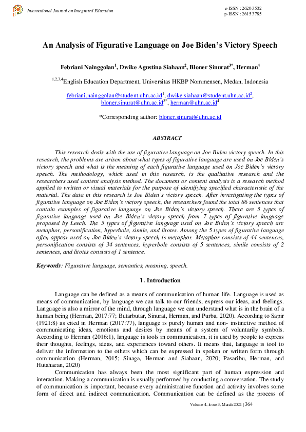 (PDF) An Analysis of Figurative Language on Joe Biden's Victory Speech