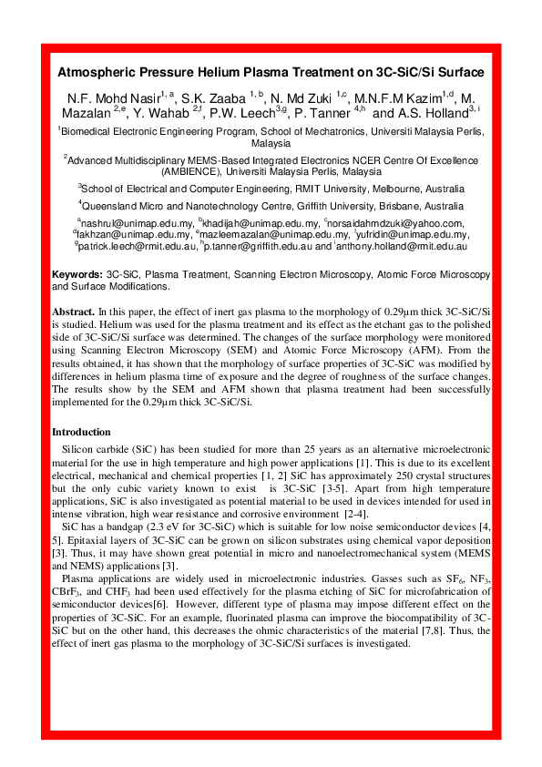 (PDF) Atmospheric Pressure Helium Plasma Treatment on 3C-SiC/Si Surface