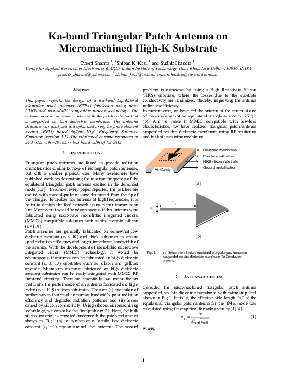 (PDF) Ka-Band Triangular Patch Antenna on Micromachined High-k Substrate | Preeti Sharma ...