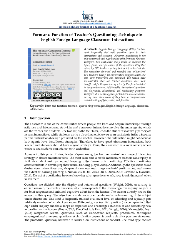 (PDF) Form and Function of Teacher’s Questioning Technique in English Foreign Language Classroom ...
