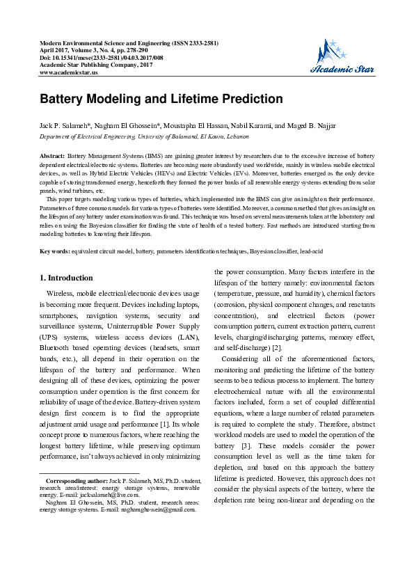 Pdf Battery Modeling And Lifetime Prediction