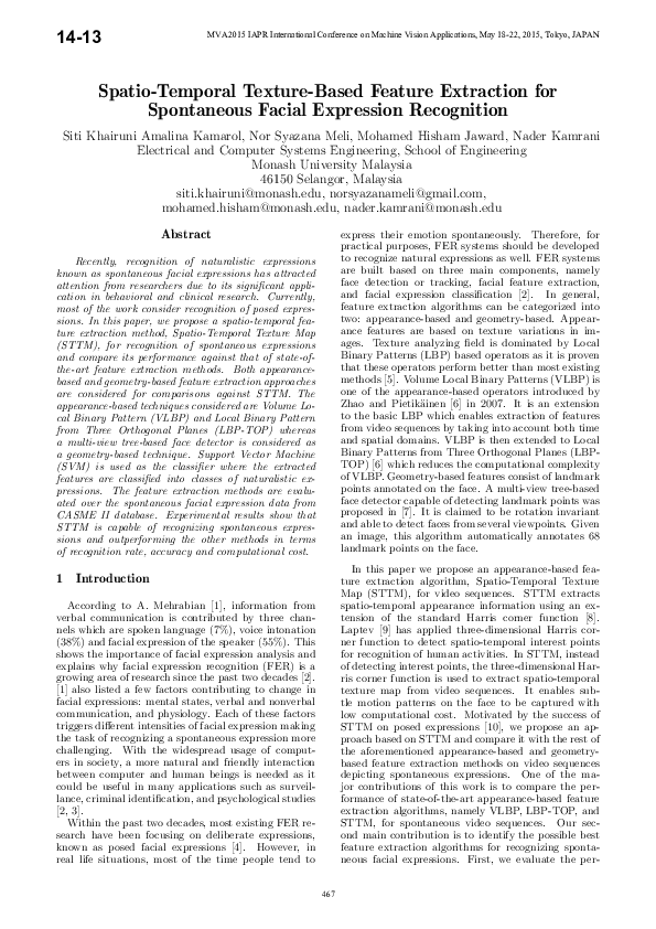 Pdf Spatio Temporal Texture Based Feature Extraction For Spontaneous