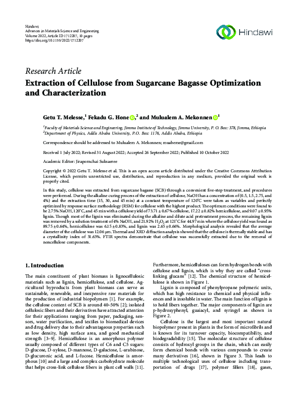 (PDF) Extraction of Cellulose from Sugarcane Bagasse Optimization and ...