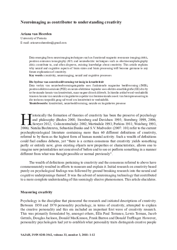 (PDF) Neuroimaging as contributor to understanding creativity