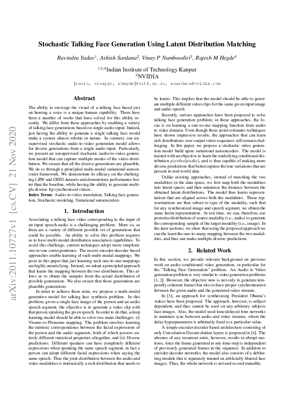 (PDF) Stochastic Talking Face Generation Using Latent Distribution Matching
