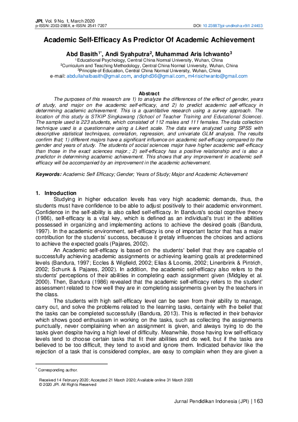 (PDF) Academic Self-Efficacy As Predictor Of Academic Achievement